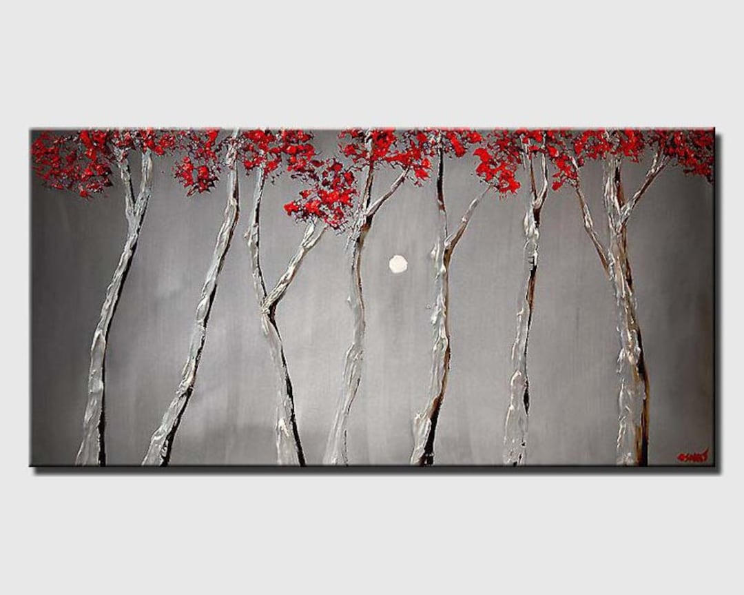 Original Silver Abstract Trees Painting, Modern Textured Silver Red ...