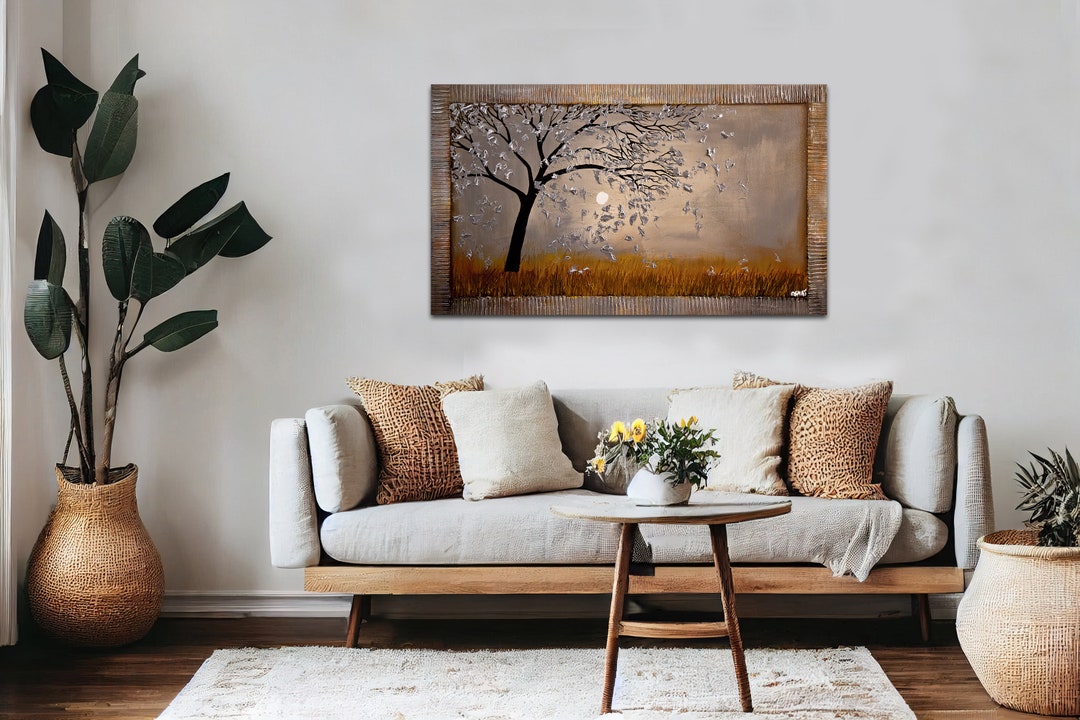 Modern silver tree art, textured original abstract painting for home ...