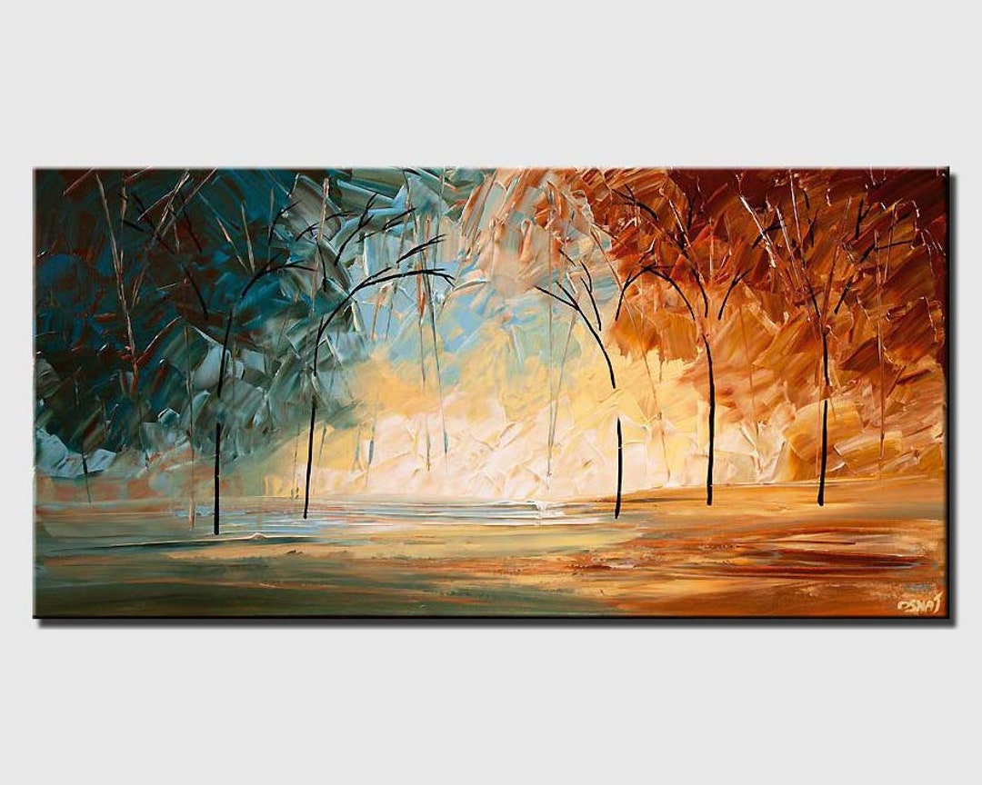 Textured Forest Landscape Painting: Rust & Blue Tree Art on Canvas ...