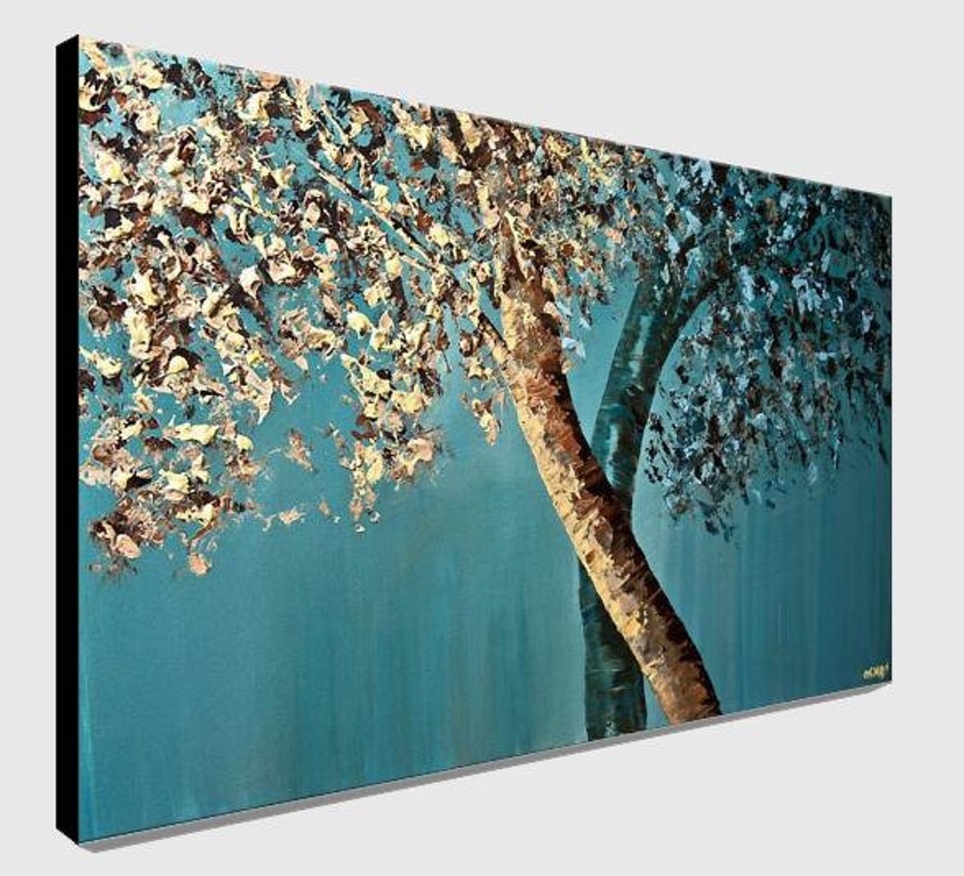 Original Dark Teal Abstract Trees Art on Canvas, Textured Modern Wall ...