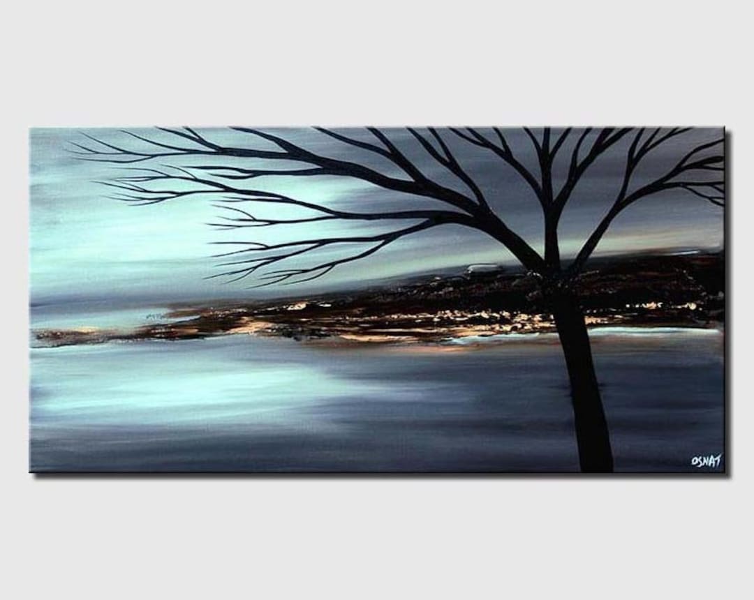 Light Blue Landscape Painting Modern Abstract Tree Painting on Canvas ...