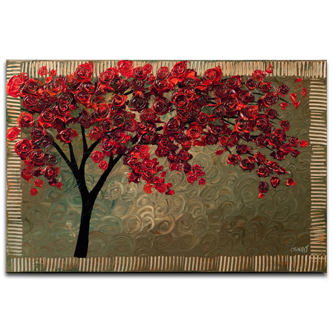 Modern Abstract Tree Art on Canvas, Blooming Tree Red Green Abstract ...