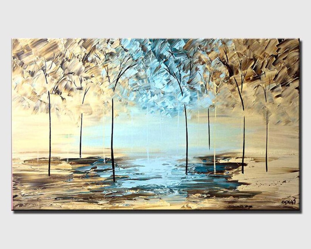Beige Landscape Painting Light Blue Trees Art, Original Textured Forest ...