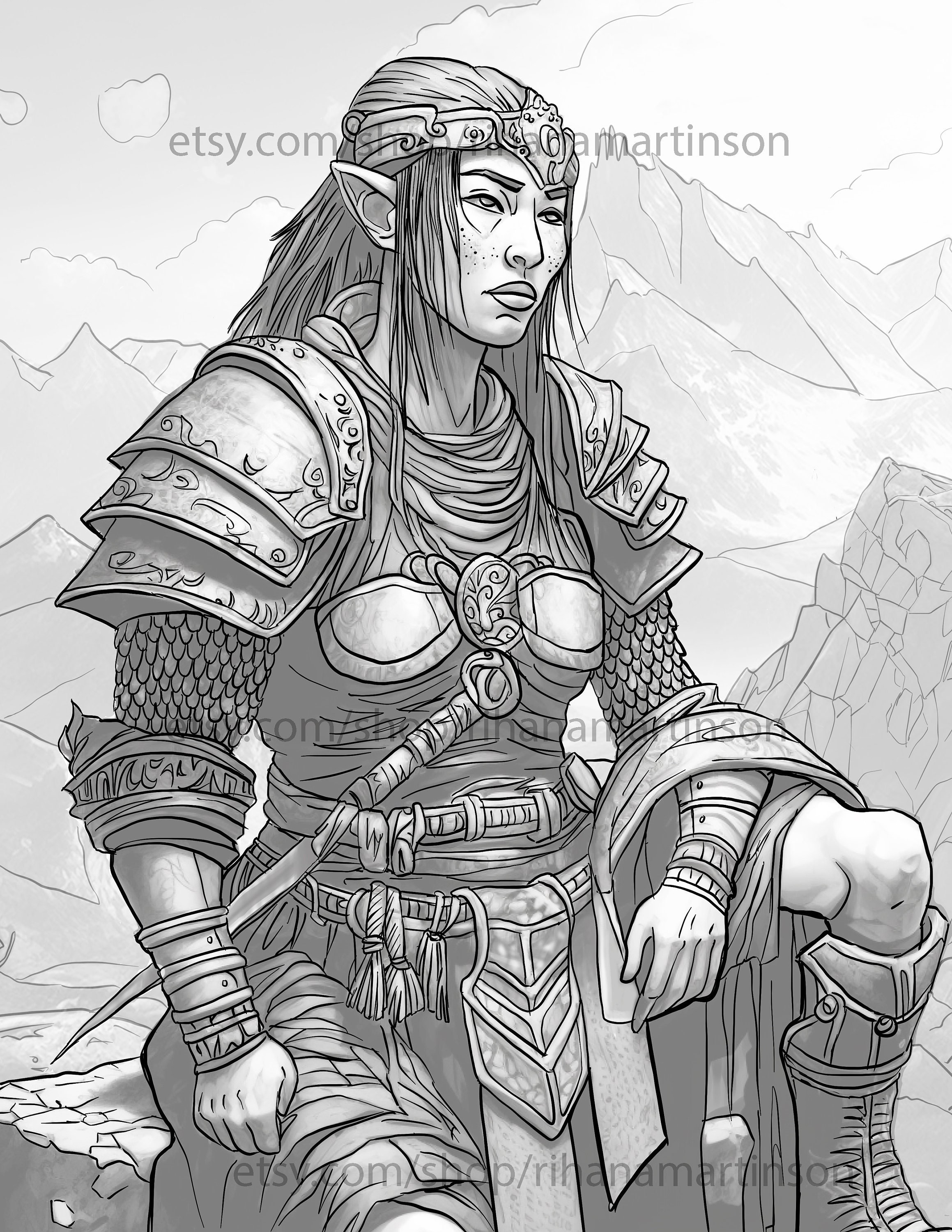 Fantasy Warrior Woman Printable Adult Coloring Book Page Etsy