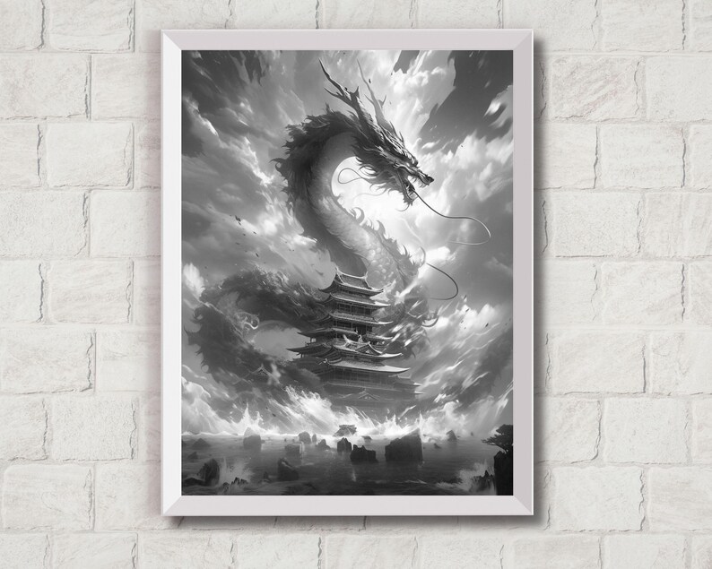 Japanese Dragon Temple Print, Black White Fantasy Wall Art, Monochrome ...