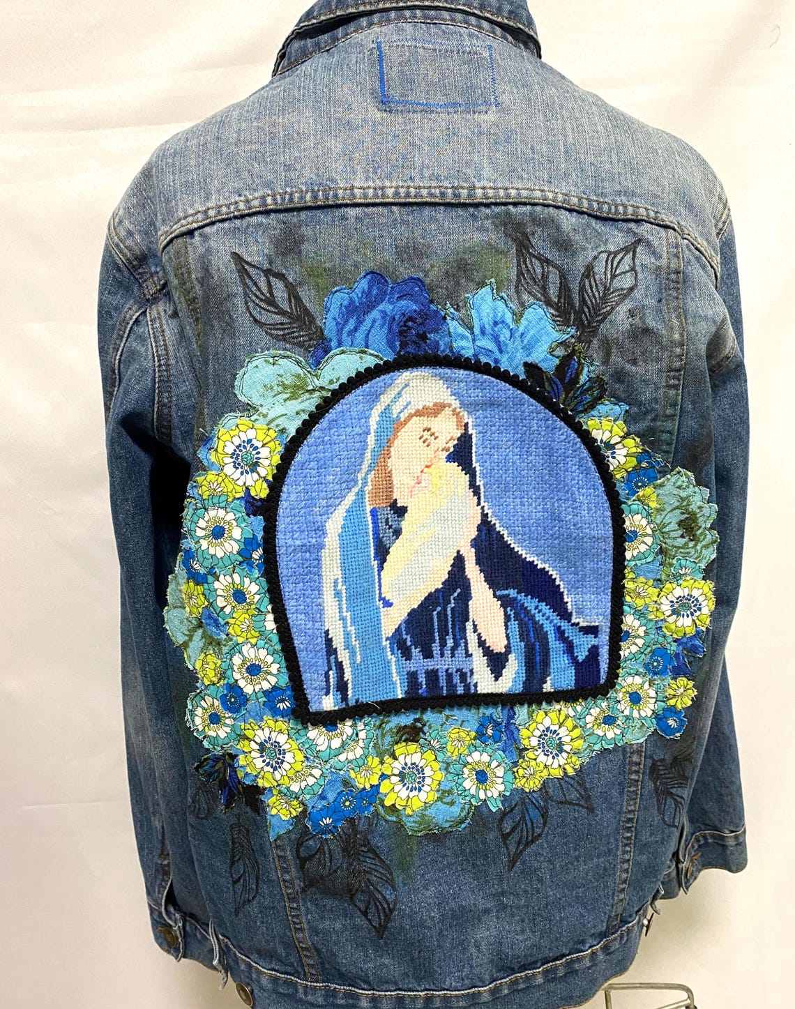 Denim Jacket Virgin Mary Needlepoint - Barkcloth Trim - Women's XL - Etsy