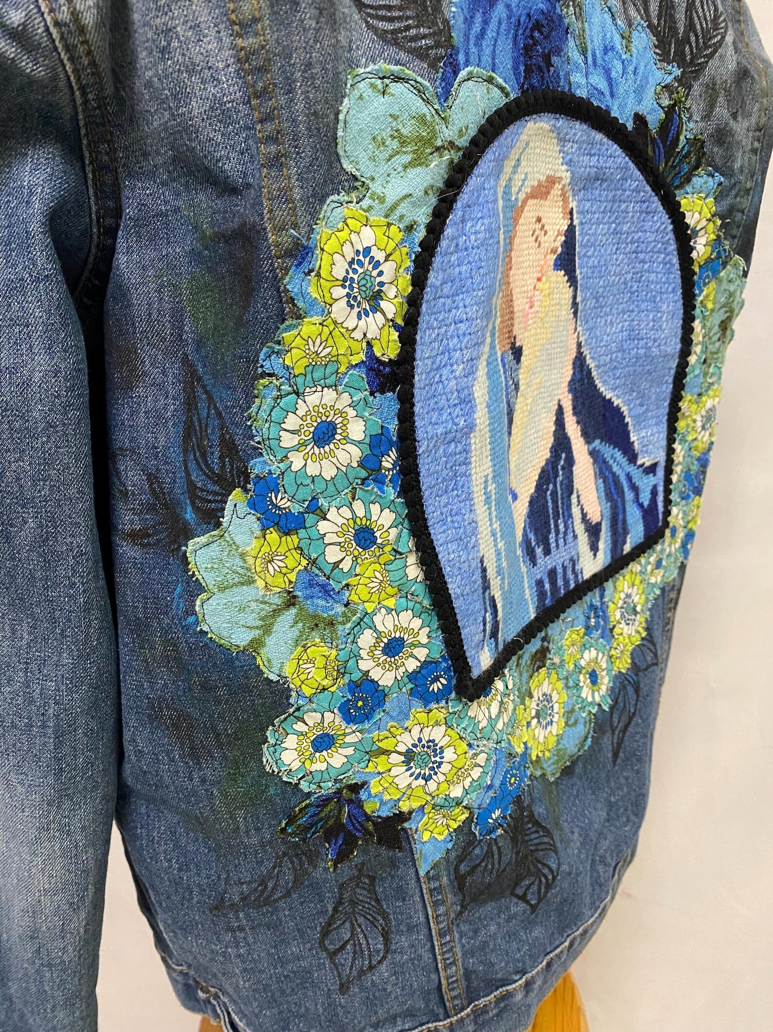 Denim Jacket Virgin Mary Needlepoint - Barkcloth Trim - Women's XL - Etsy