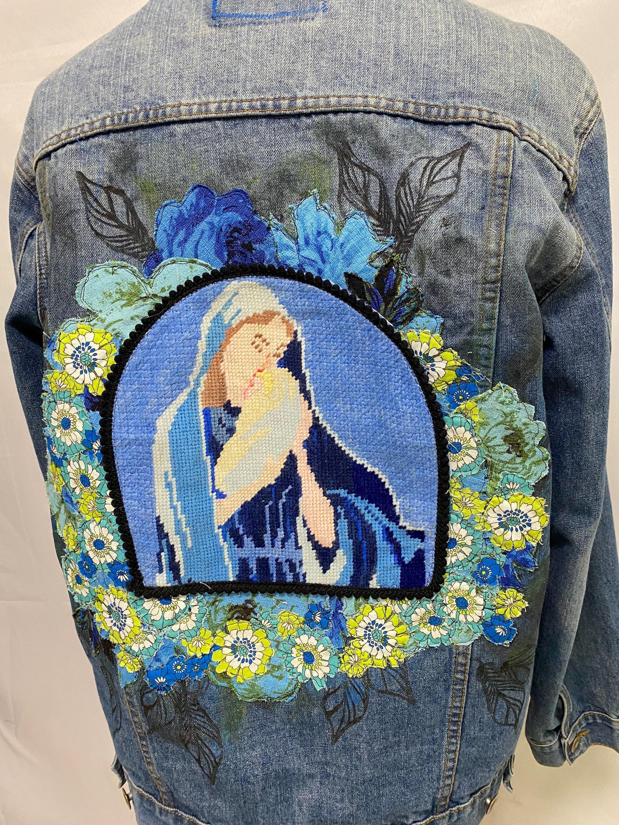 Denim Jacket Virgin Mary Needlepoint - Barkcloth Trim - Women's XL - Etsy