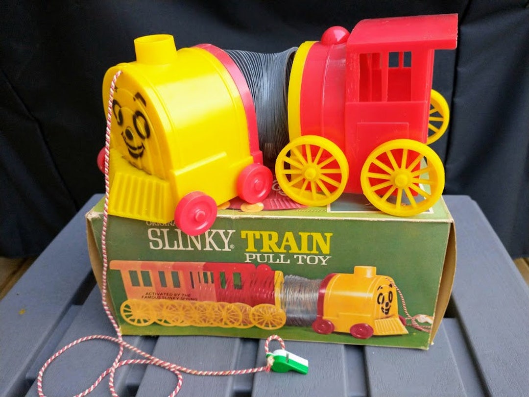 SALE 1960 Slinky Train Original Pull Toy in Box Stipe Cotton Pull Cord ...