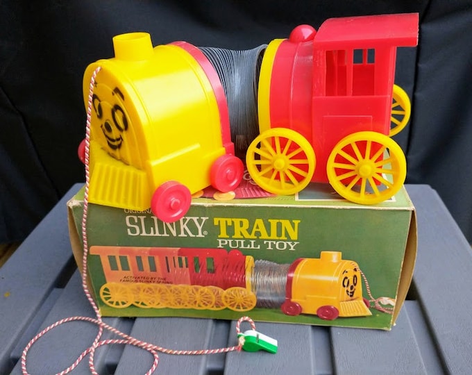 SALE ! 1960 Slinky Train - Original Pull Toy in Box - Stipe Cotton Pull ...