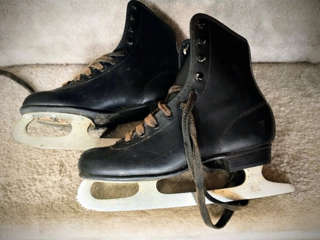 Vintage Child Ice Skates - Black Figure Skates - Steel Blades Made in ...