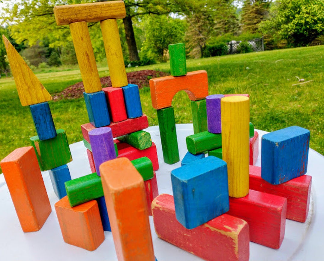 Vintage Wooden Blocks Classic Toy Building Blocks Lot of 40 Assorted ...