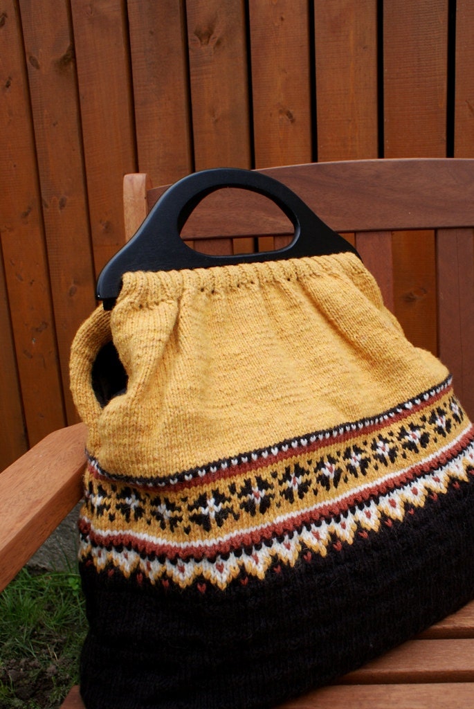 Knitted Bag With Lining/ Wooden Handles/ Hand Knit Bag/ - Etsy
