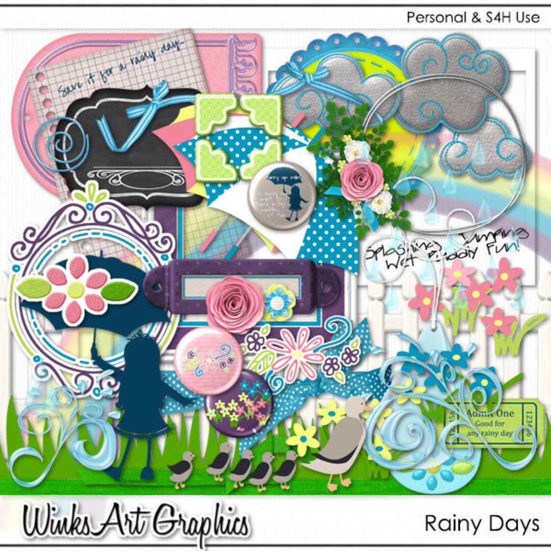 Rainy Days Digital Scrapbooking Elements & PS Cards - Etsy
