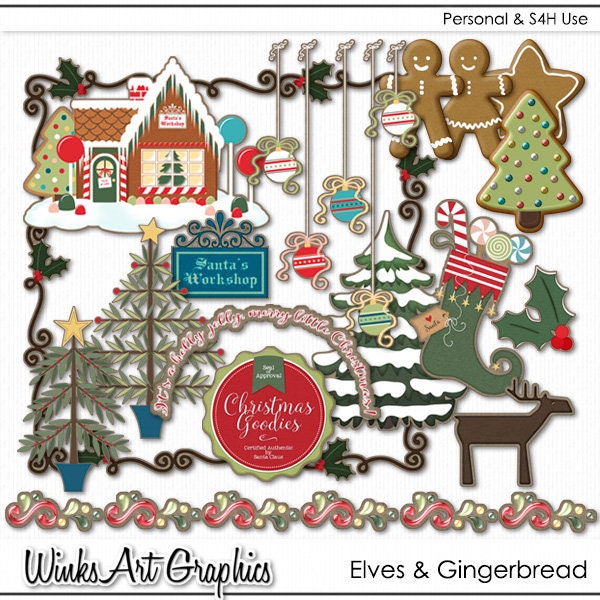 Elves & Gingerbread Digital Clip Art and Elements - Etsy