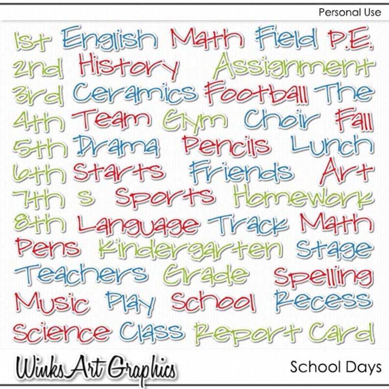 School Days Kids & Word Art Digital Scrapbook Elements - Etsy