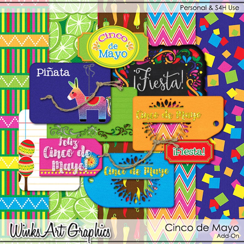 Cinco De Mayo Add-on Digital Scrapbook Paper & Tags - Etsy