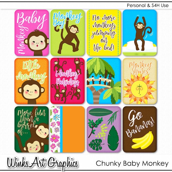 Chunky Baby Monkey Digital & Printable Pocket Scrapbook Cards | Etsy
