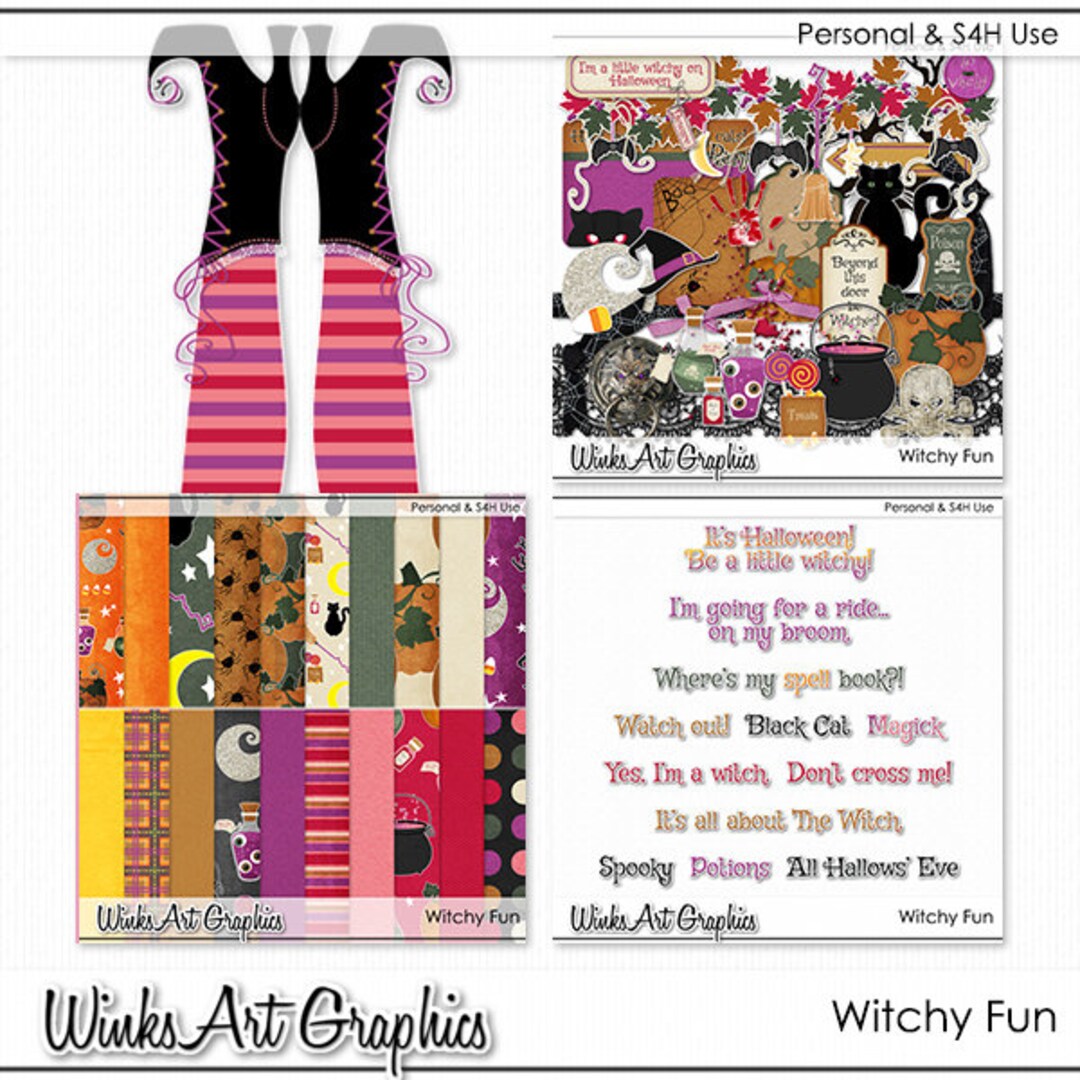 Witchy Halloween Clip Art: Cauldron, Broom, Potion Bottles (digital ...
