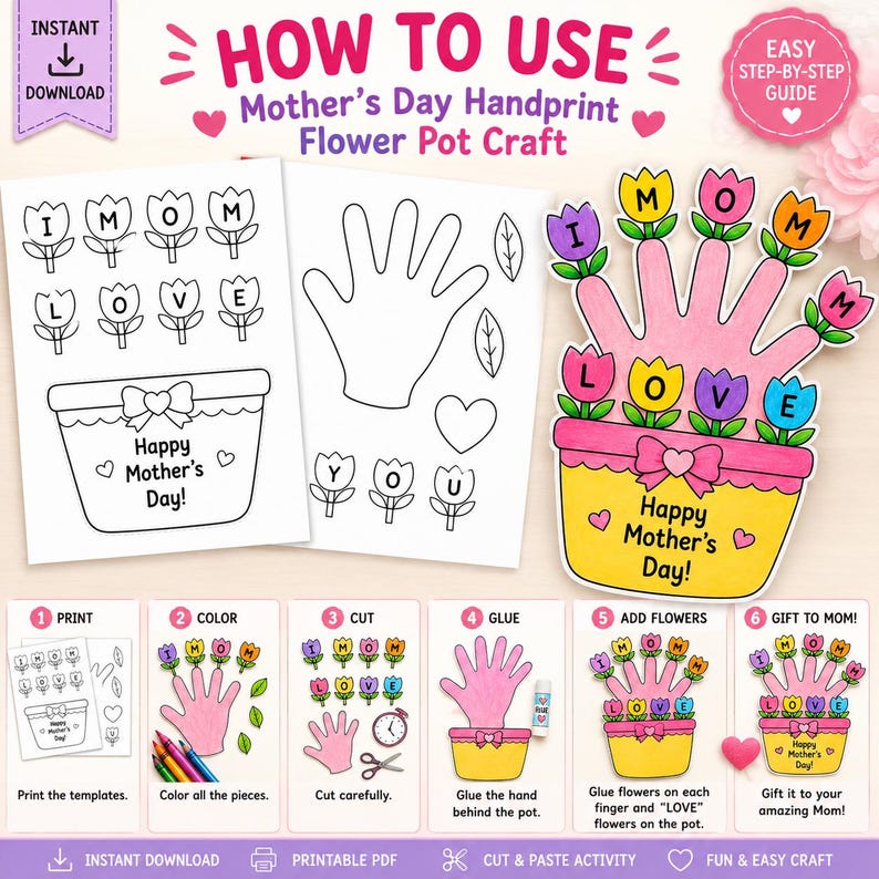 Mother's Day Handprint Flower Pot Craft | Kids Cut and Paste Activity ...