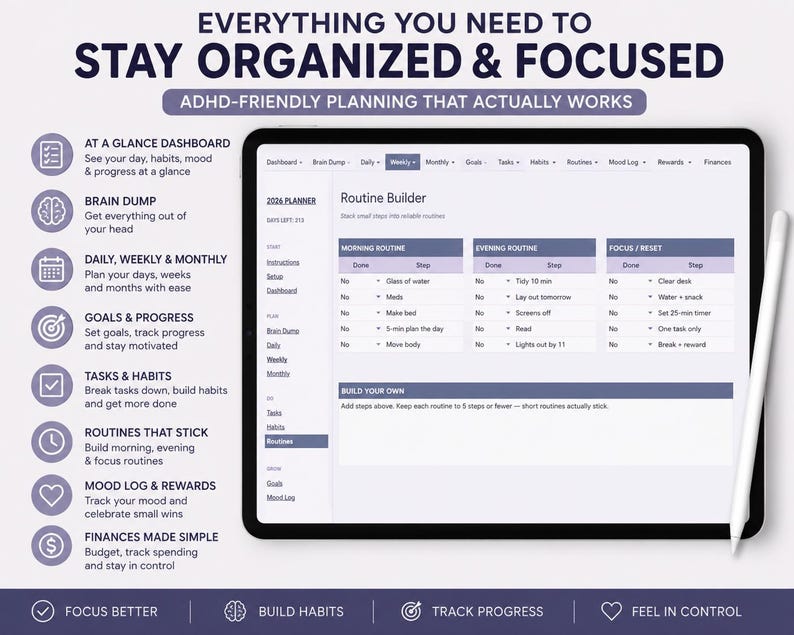 ADHD Digital Planner 2026, Google Sheets Excel, Automated Dashboard ...