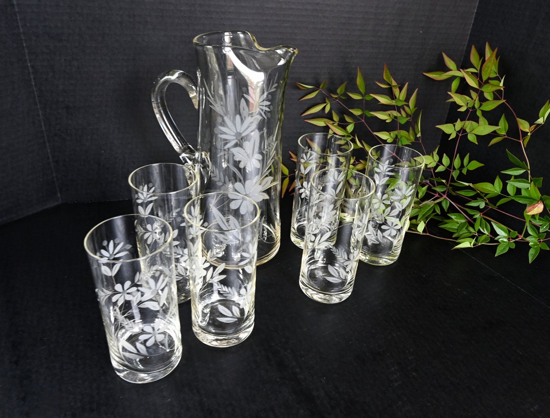 MCM Cocktail Pitcher & 6 Tumblers Set Etched Glass - Etsy