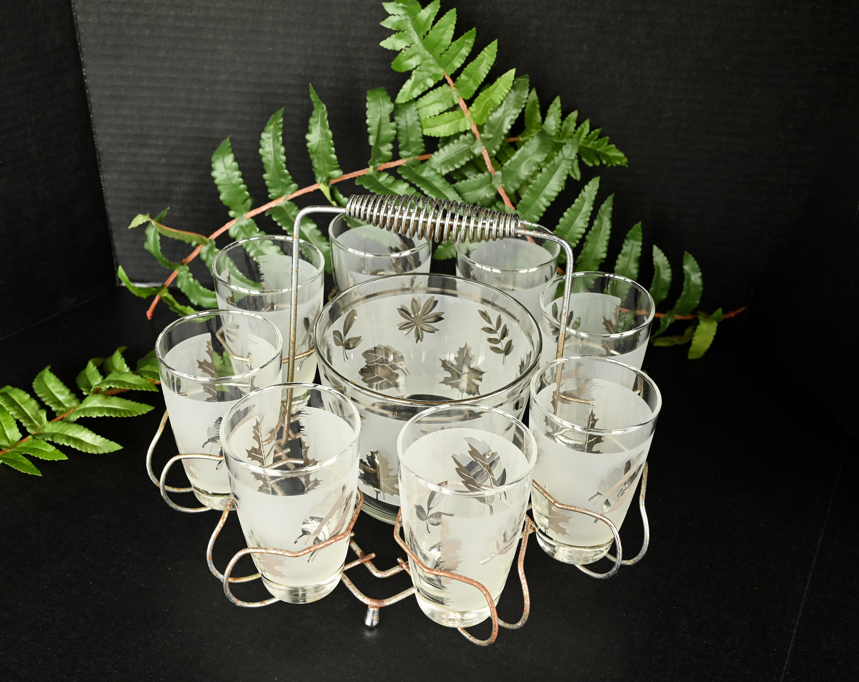 Libbey Bar Caddy With 8 Tumblers & Ice Bucket Silver Leaf Cocktail Set ...