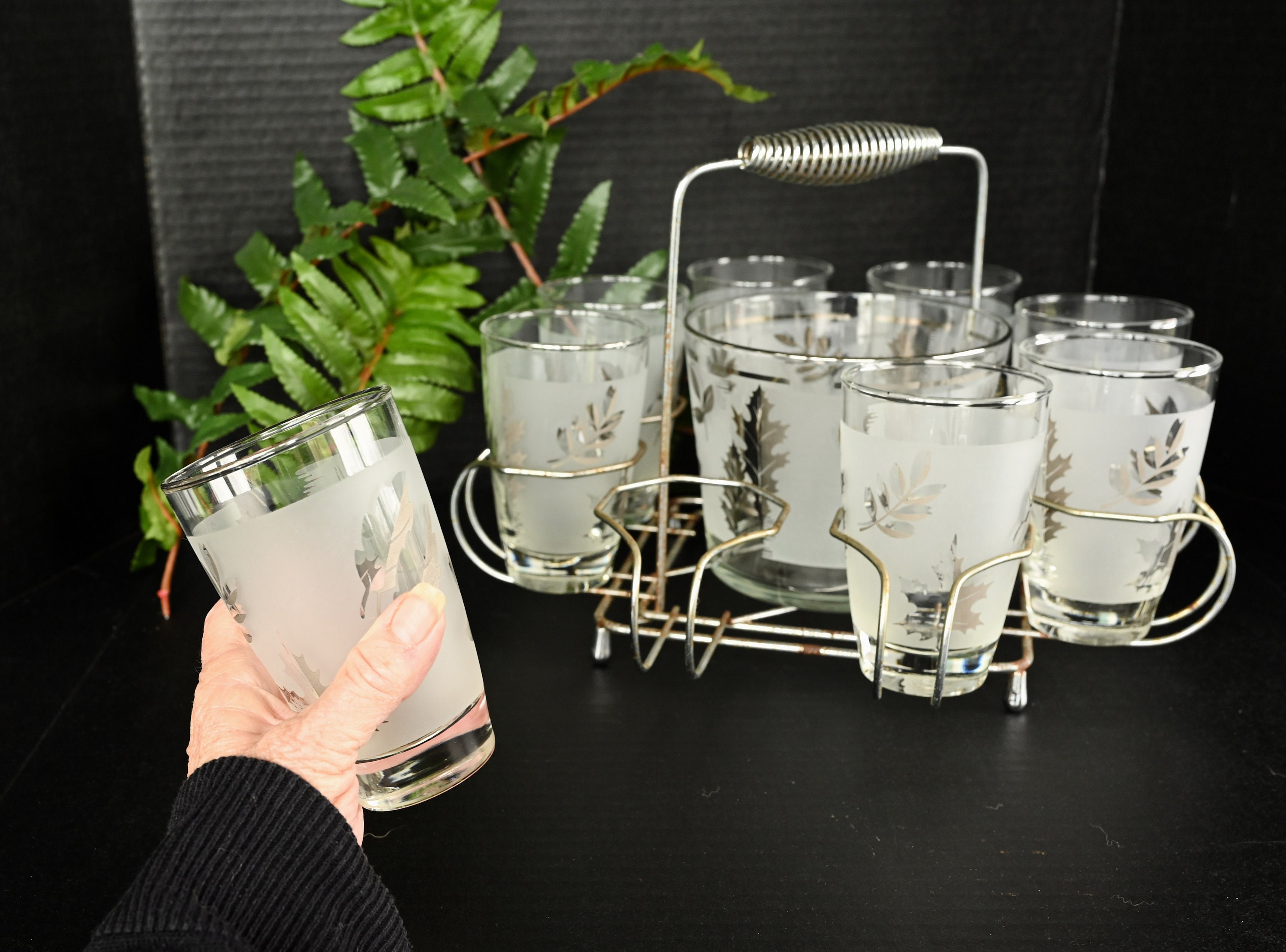 Libbey Bar Caddy With 8 Tumblers & Ice Bucket Silver Leaf Cocktail Set ...