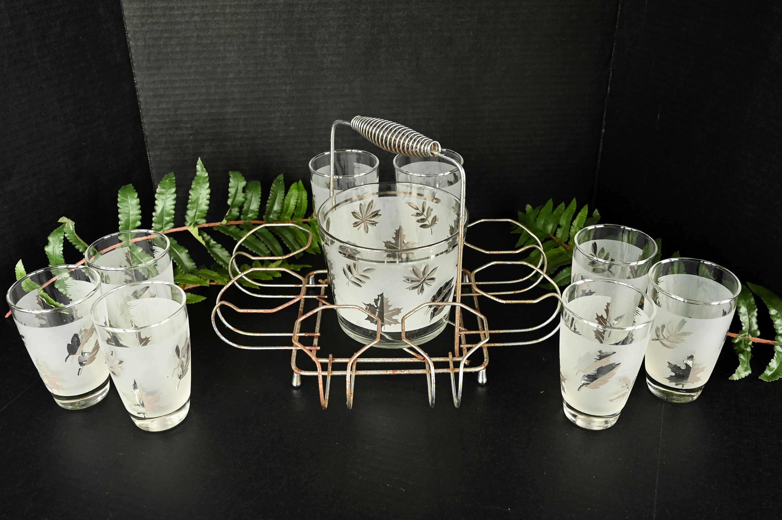Libbey Bar Caddy With 8 Tumblers & Ice Bucket Silver Leaf Cocktail Set ...