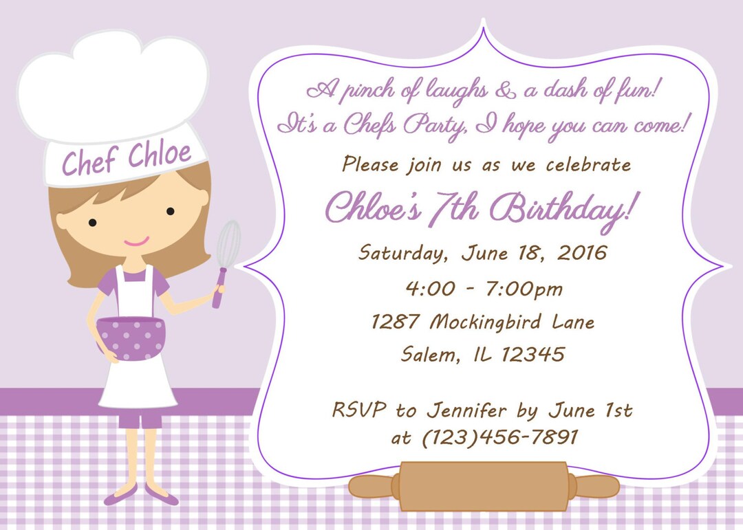 Kid's Cooking Invitation - Girl (digital File) / Baking Birthday Party ...