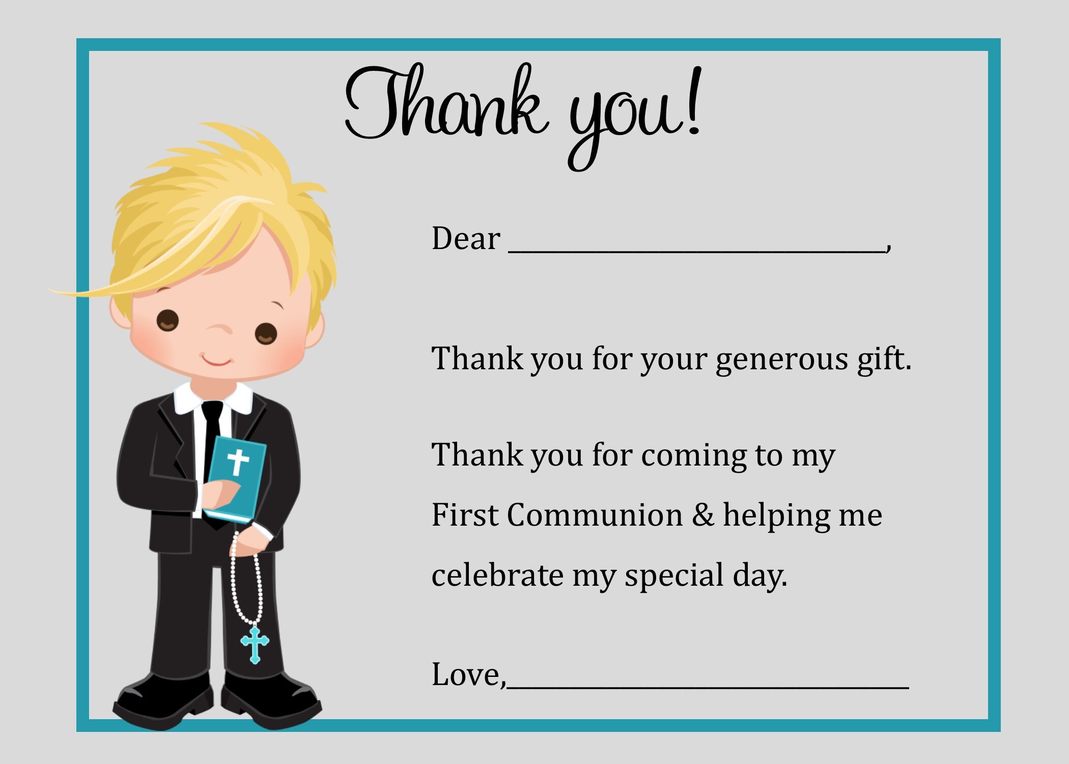 First Communion Thank You Card Boy Digital File You Print / 1st ...