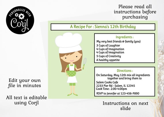 Cooking/Baking Birthday Invitation - Editable - Instant Download ...