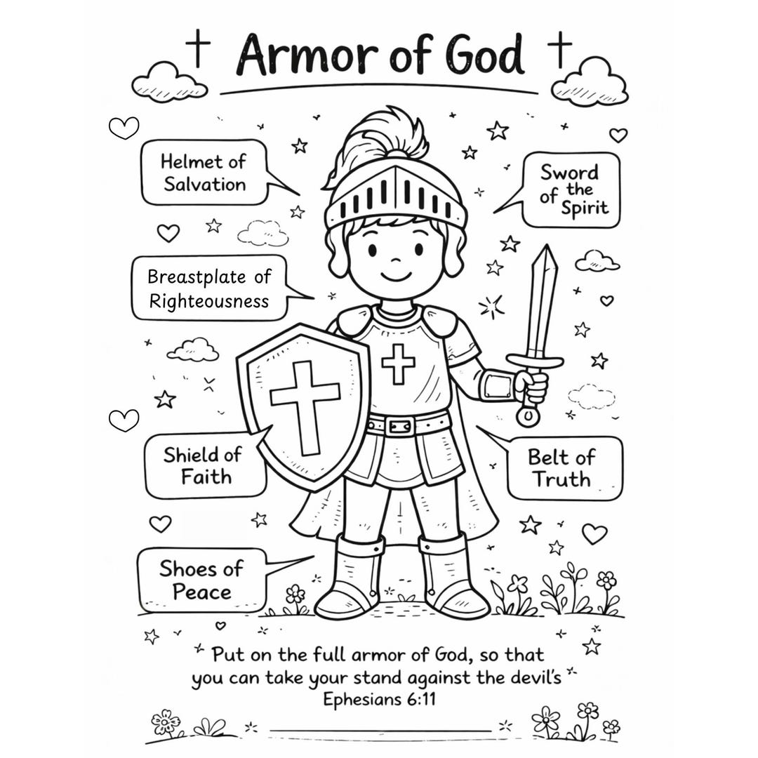 Armor of God Coloring Page Printable for Kids | Ephesians 6:11 Bible ...
