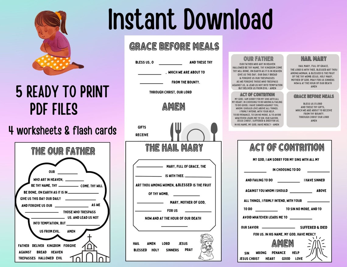 Printable Prayer Worksheets for Kids - Catholic Worksheet Bundle - Kids ...