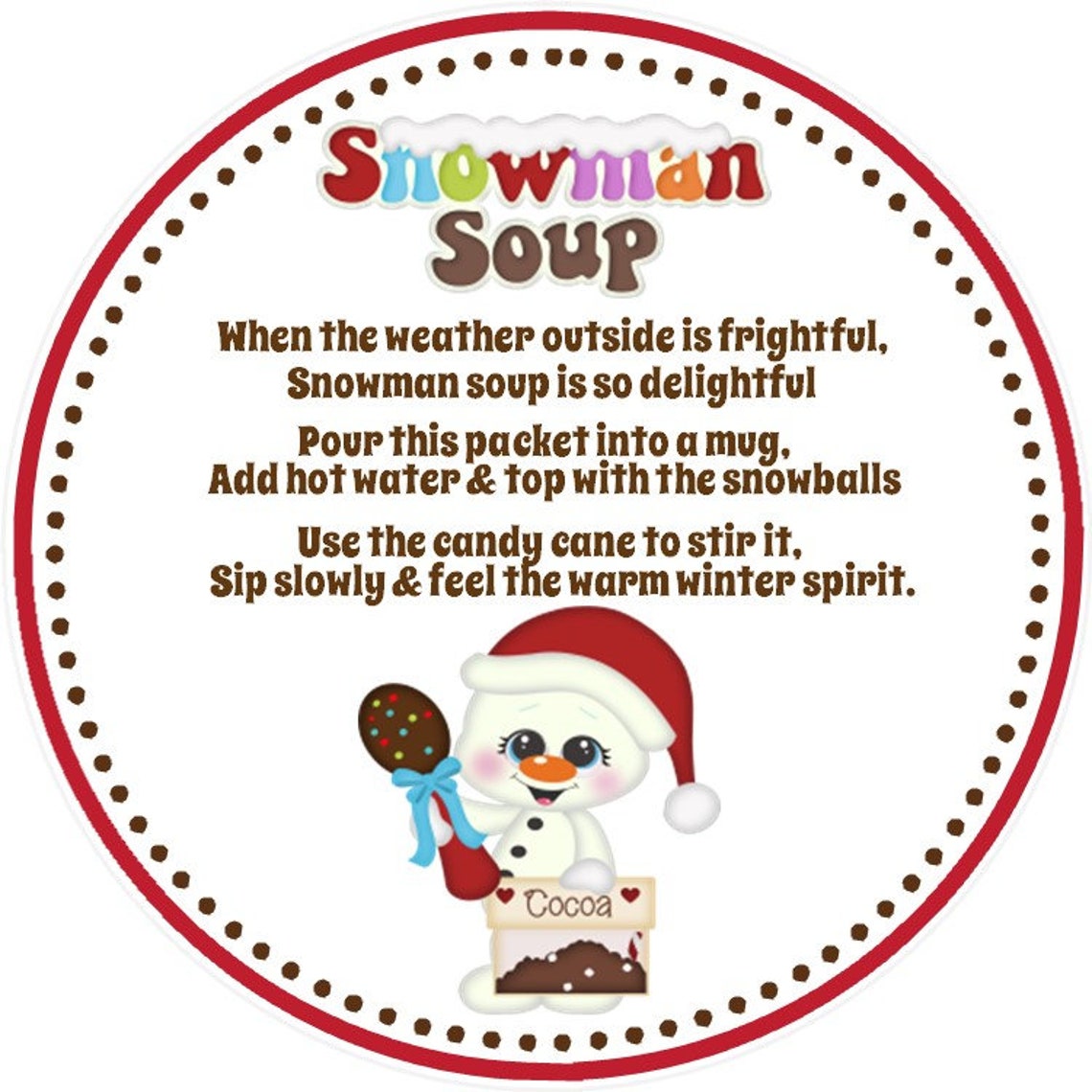 Snowman Soup Favor Tag Printable File Instant Download / - Etsy