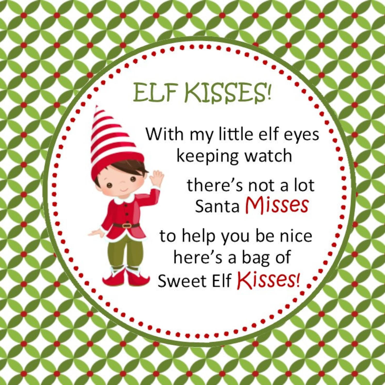 Elf Kisses Printable Tag - DIGITAL FILE You Print - Elf Kisses - Treats ...