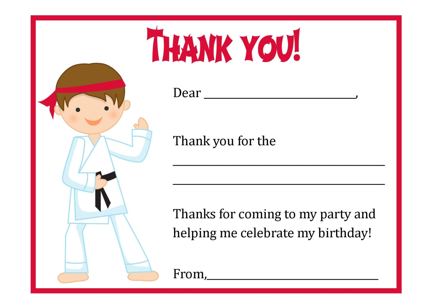 Karate Birthday Thank You Card Digital File You Print / - Etsy