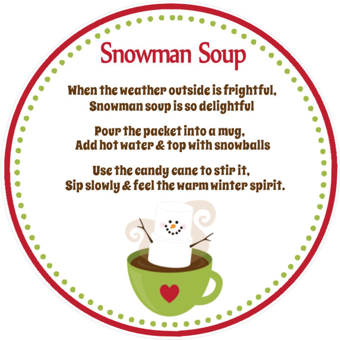 Snowman Soup Favor Tag Printable File Instant Download / | Etsy