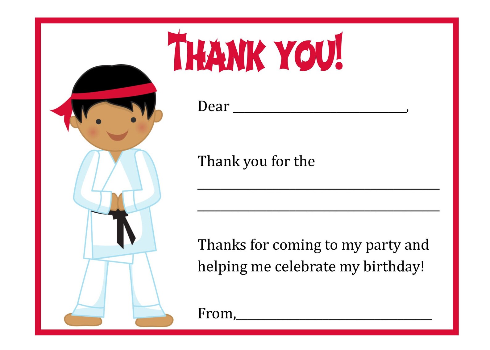 Karate Birthday Thank You Card - Digital File - You Print / Karate ...