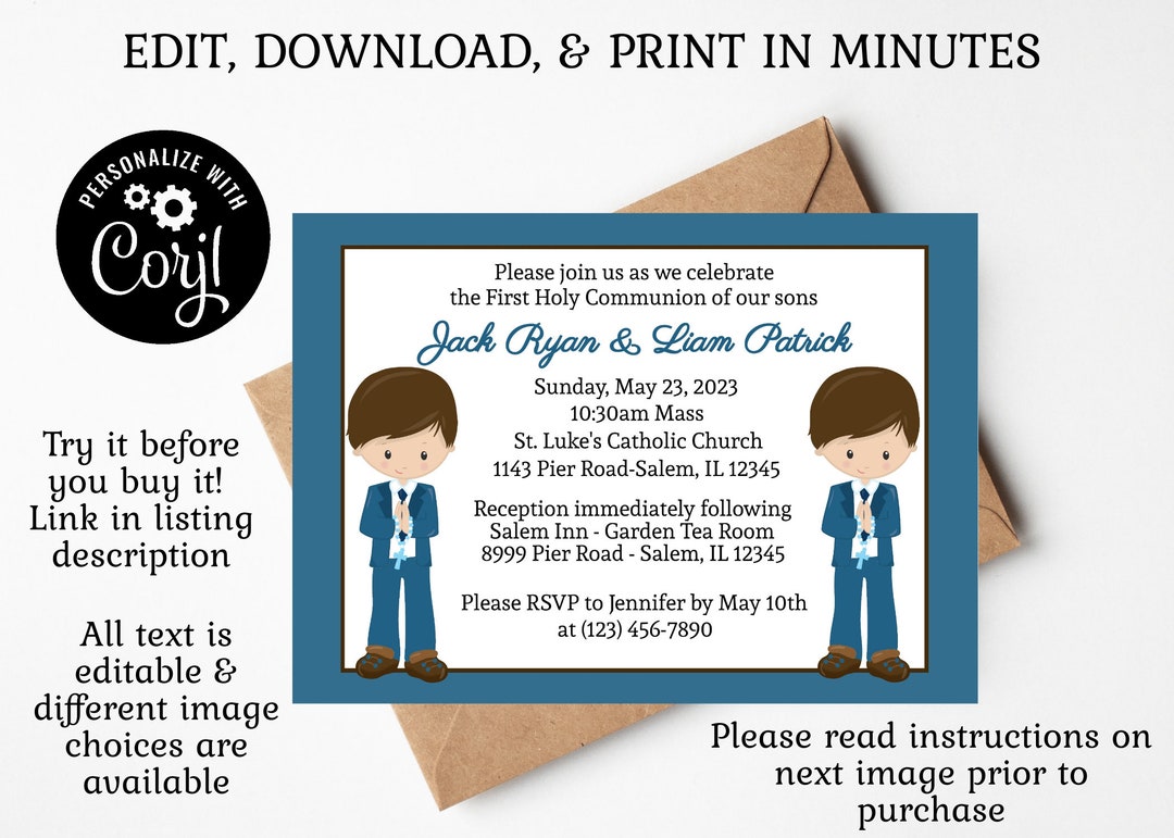 Twin Boys First Communion Invitation Editable Instant Download 1st ...