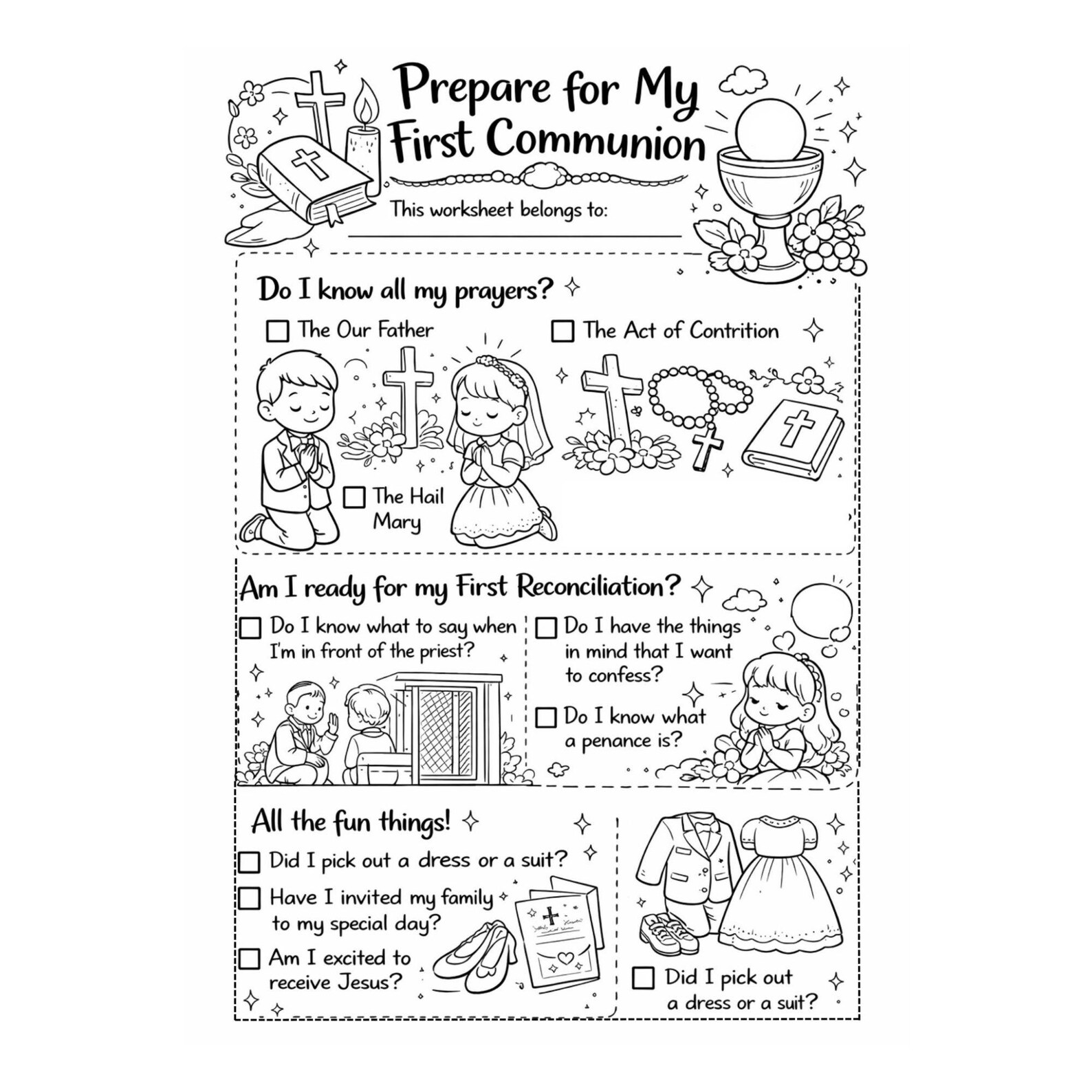 Prepare for My First Communion Worksheet PDF | Kids Catholic Coloring ...