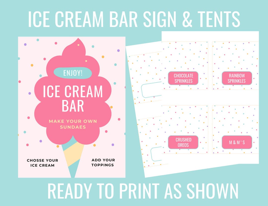 Ice Cream Bar Sign and Topping Labels, Ice Cream Bar Sprinkles, Pink ...