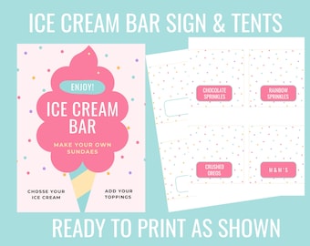 Ice Cream Bar Sign and Topping Labels, Ice Cream Bar Sprinkles, Pink ...