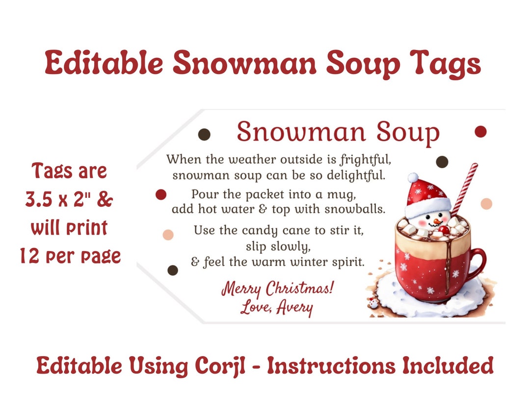 Printable Snowman Soup Gift Tag, Christmas Favor Bag Tag, Editable ...