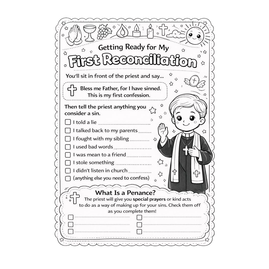 First Reconciliation Printable Worksheet for Kids | Catholic Confession ...