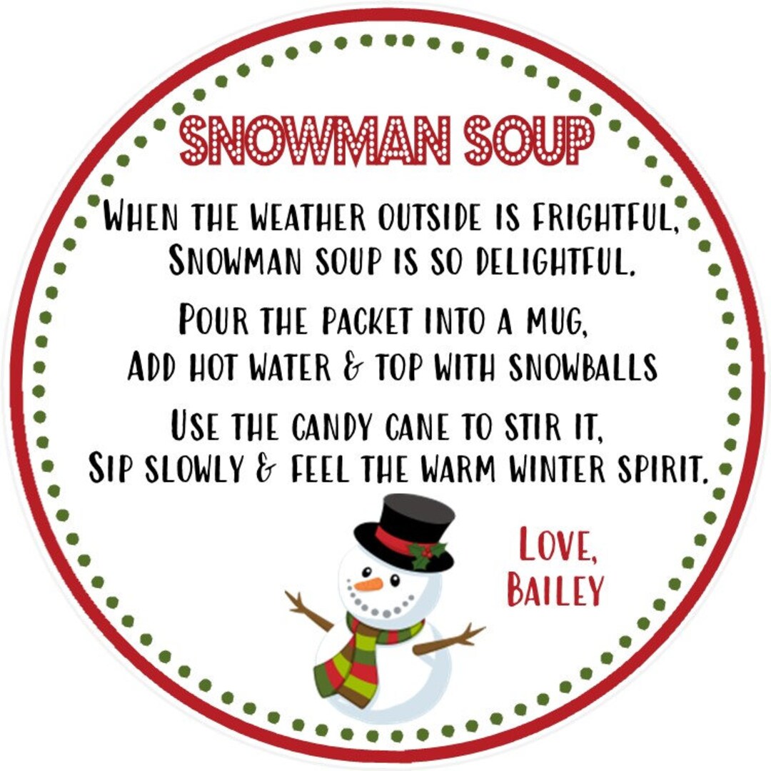 Snowman Soup Personalized Favor Tag - Gift Tag NON SCRIPT FONT ( Set of ...