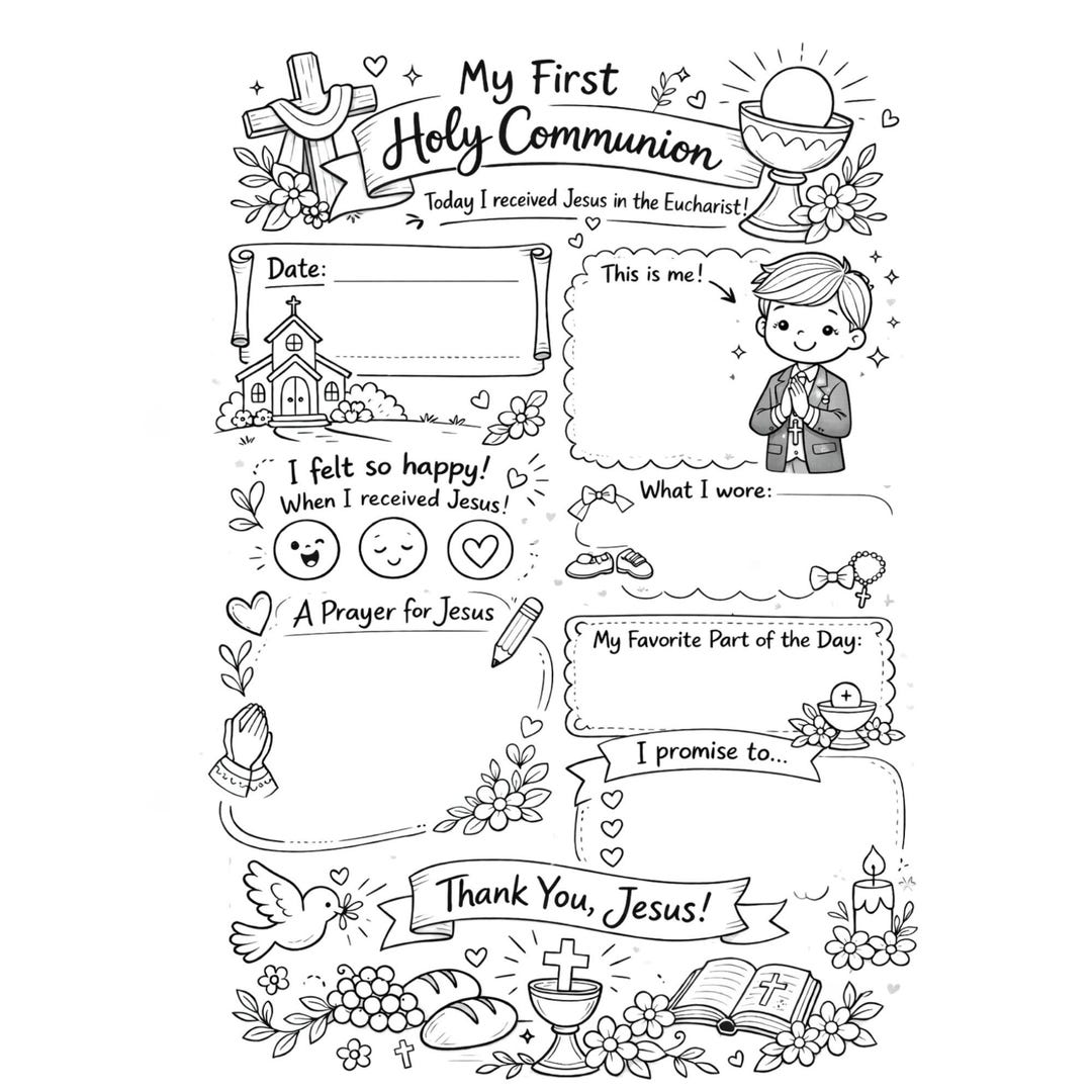 First Holy Communion Printable for Boys | Catholic Keepsake Coloring ...