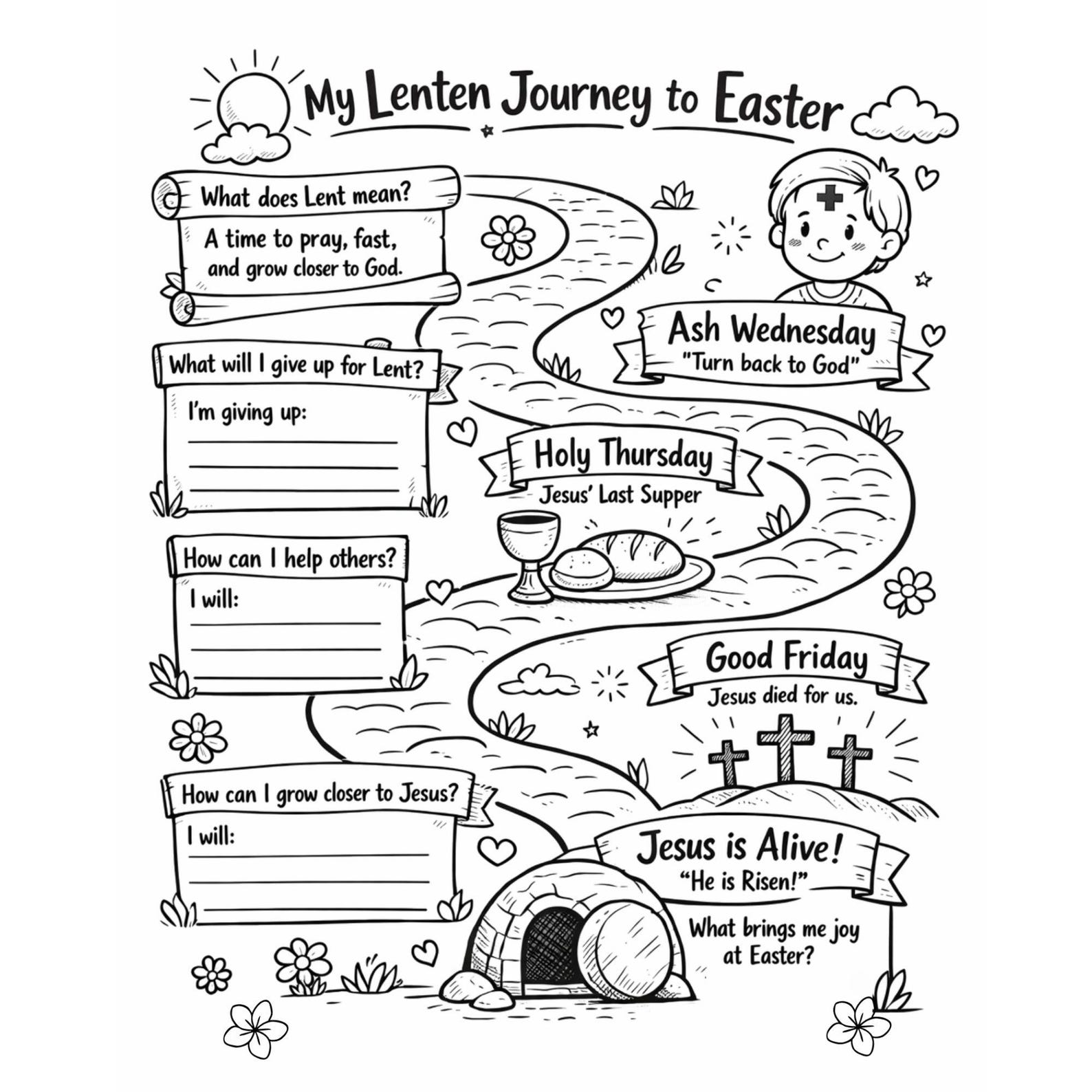 Lent Coloring Page for Kids | My Lenten Journey Worksheet | Catholic ...
