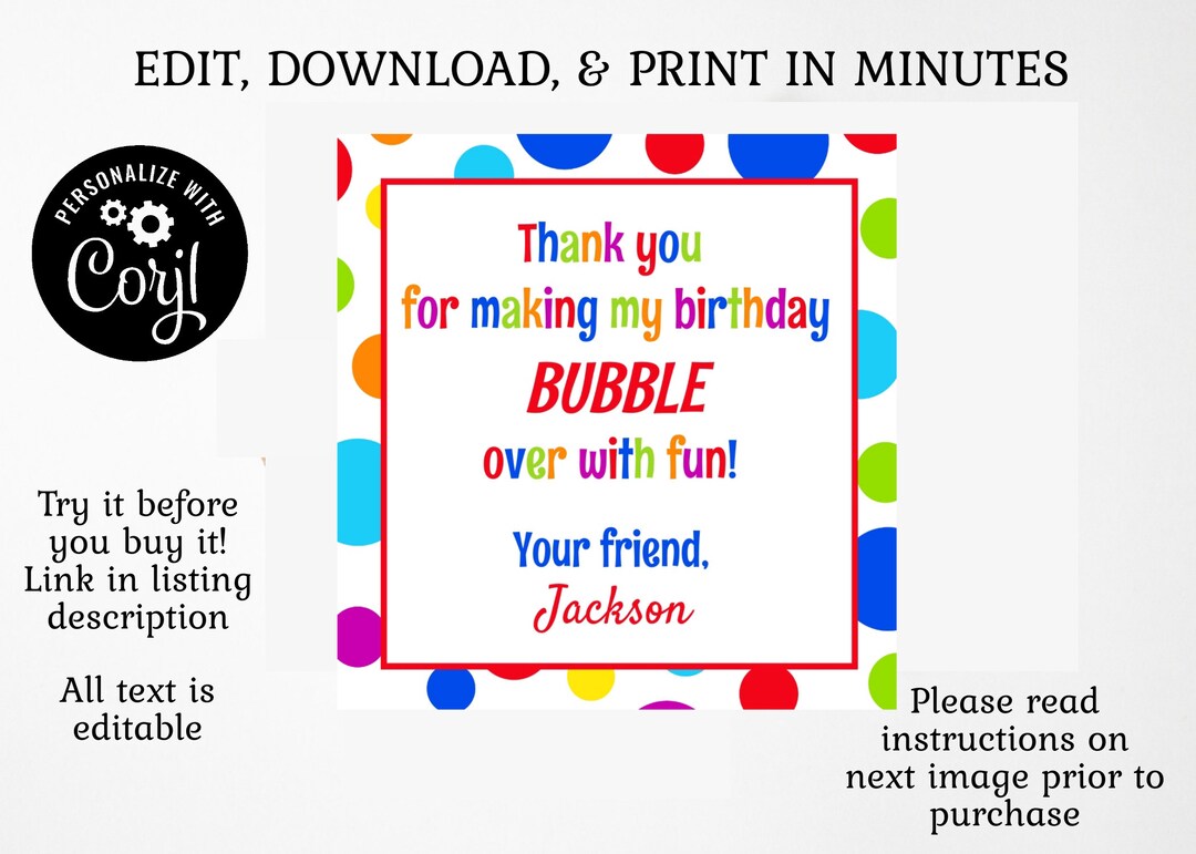 Bubble Favor Tags Editable Instant Download Favor Tags for Bubbles ...