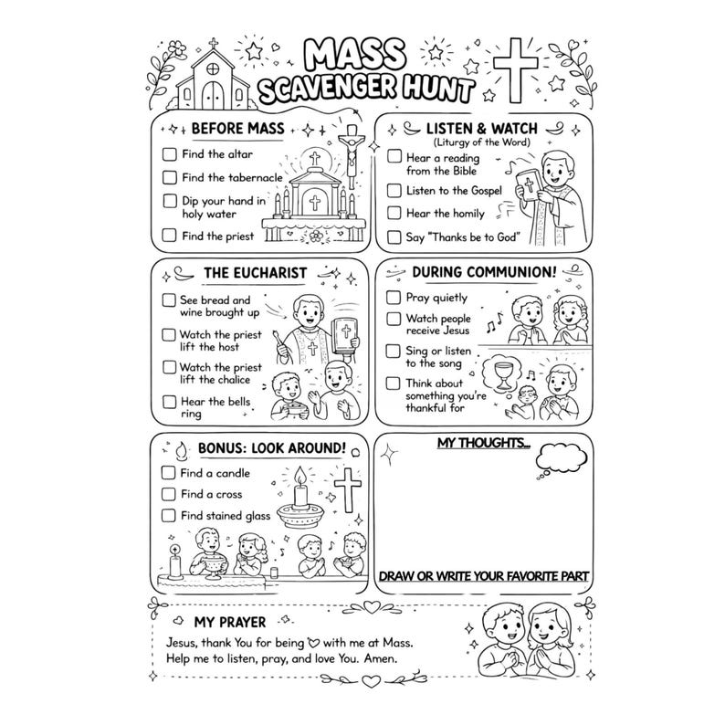 Mass Scavenger Hunt Printable for Kids | Catholic Church Activity ...